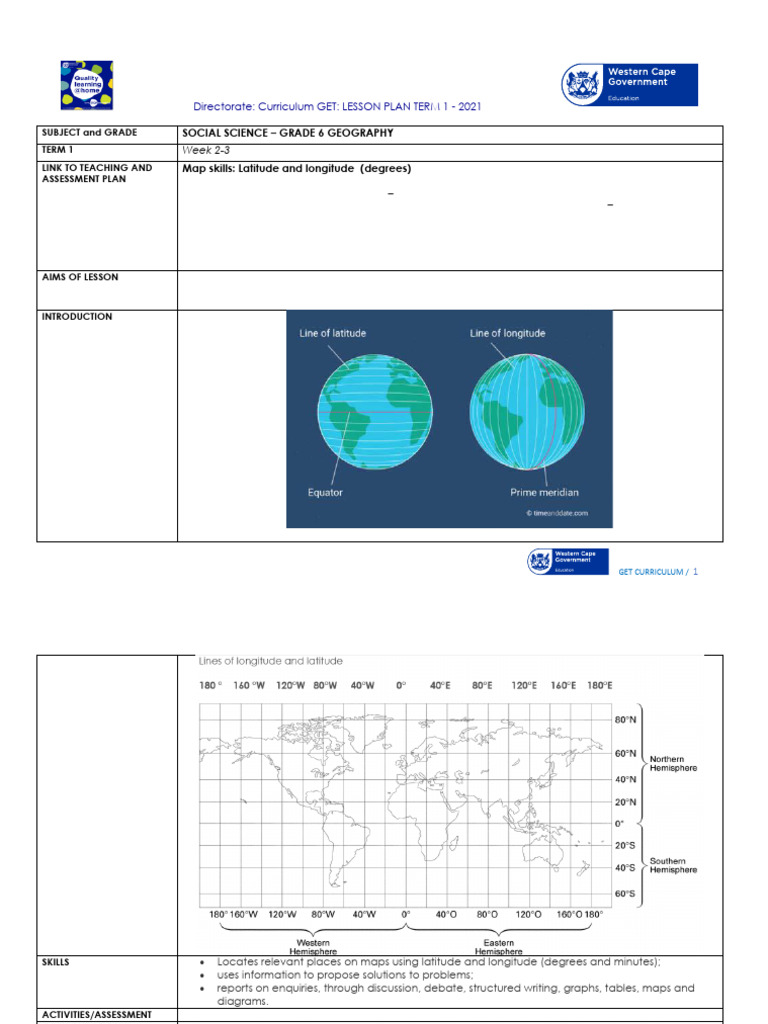 Lesson Plan IP Grade 6 SS Geography T1 W2 | PDF | Geography | Cartography