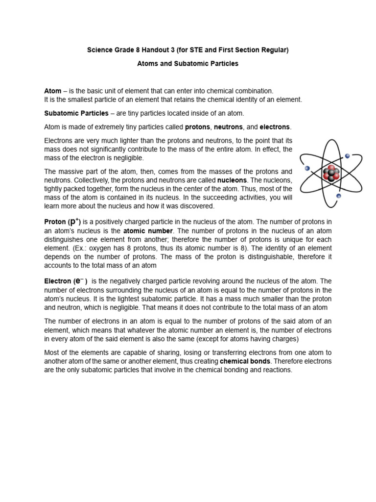 Science Grade 8 Handout 3 Atom and Subatomic Particles | PDF | Atoms ...