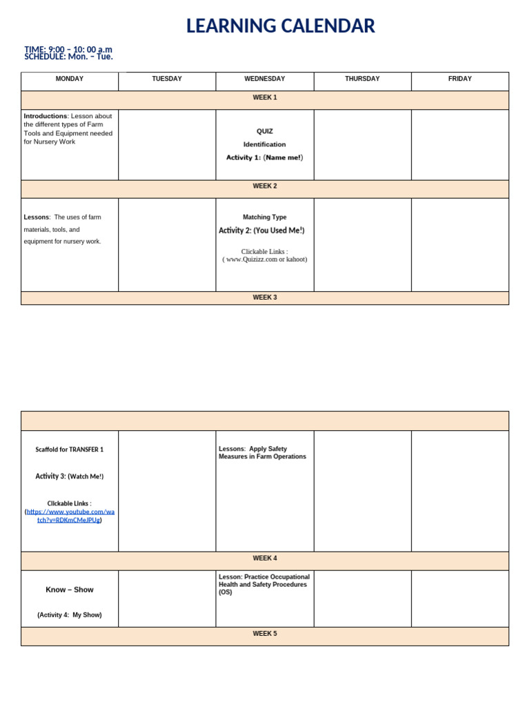 Learning Calendar - Peac Sample | PDF