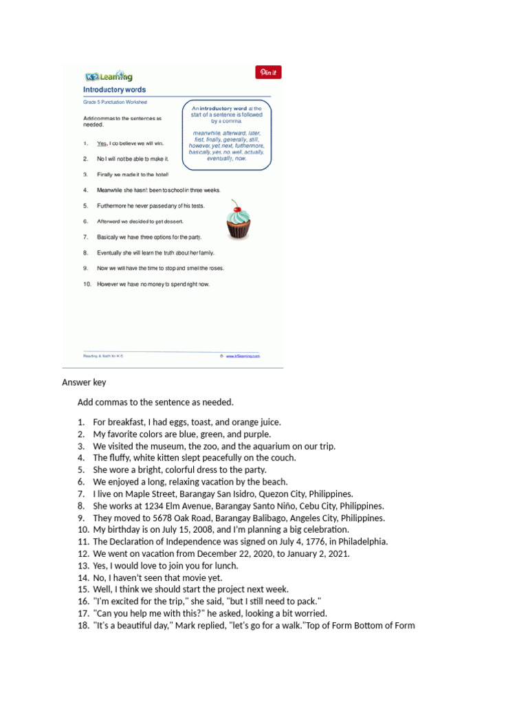 Worksheet 1-Using comma correctly | PDF