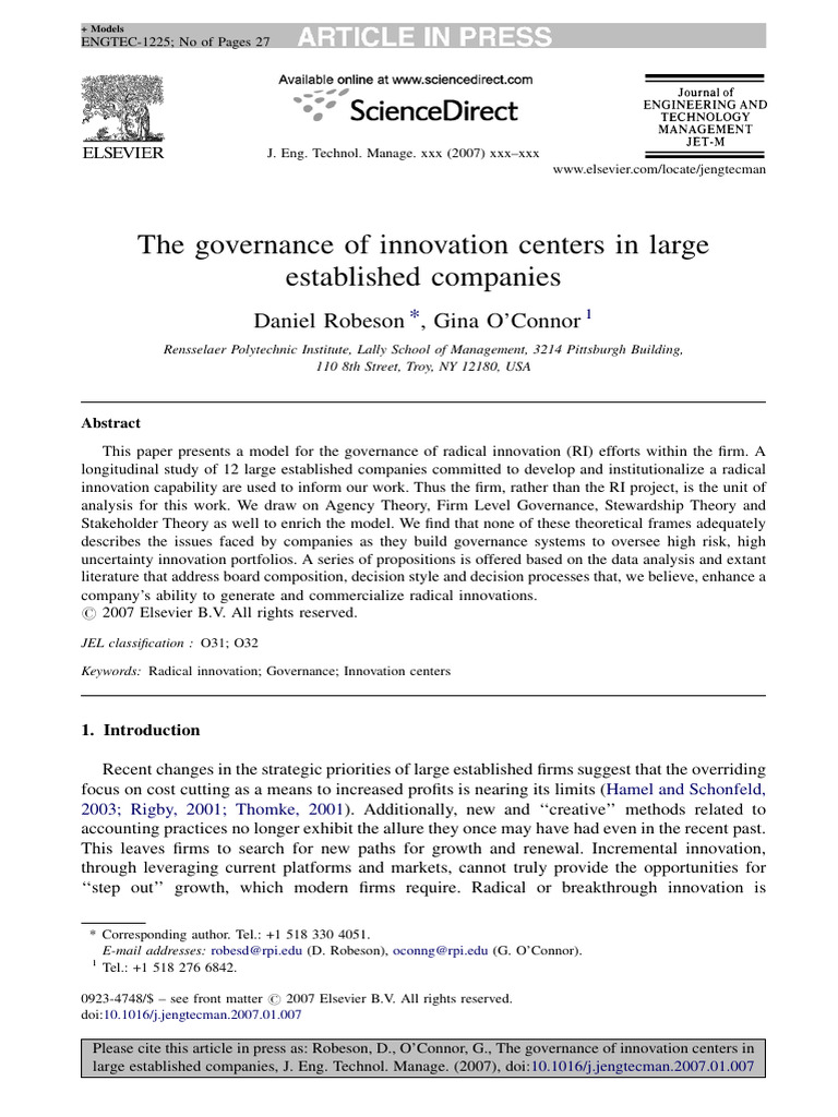 The Governance of Innovation Centers in Large Esta | PDF | Innovation ...