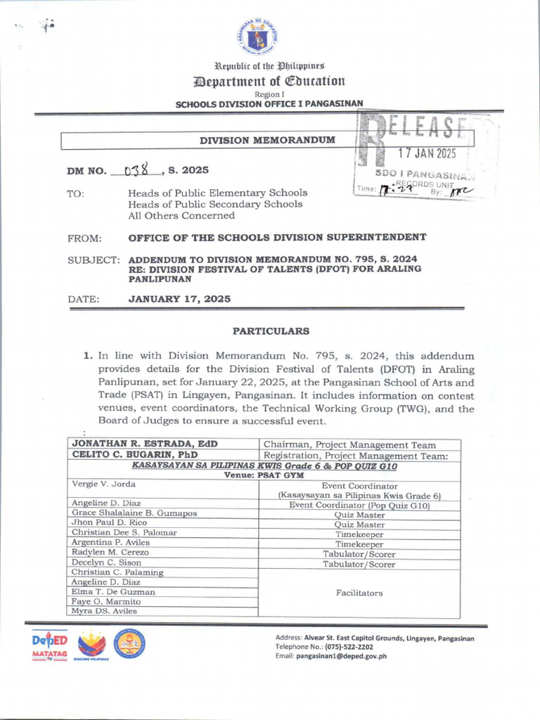 DM038s2025-Addendum To Division Memorandum No. 795, S. 2024 RE Division Festival of Talents ...