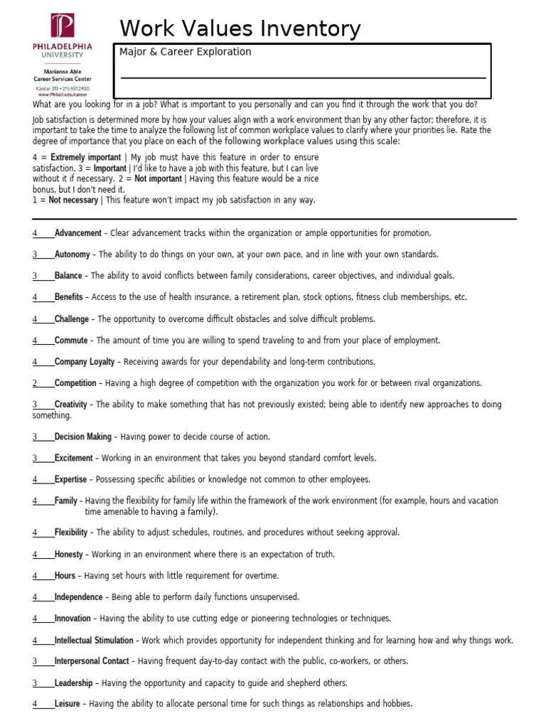 Work Values Inventory: Major & Career Exploration | PDF | Job ...