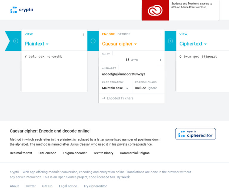 Caesar cipher Encode and decode online - cryptii | PDF
