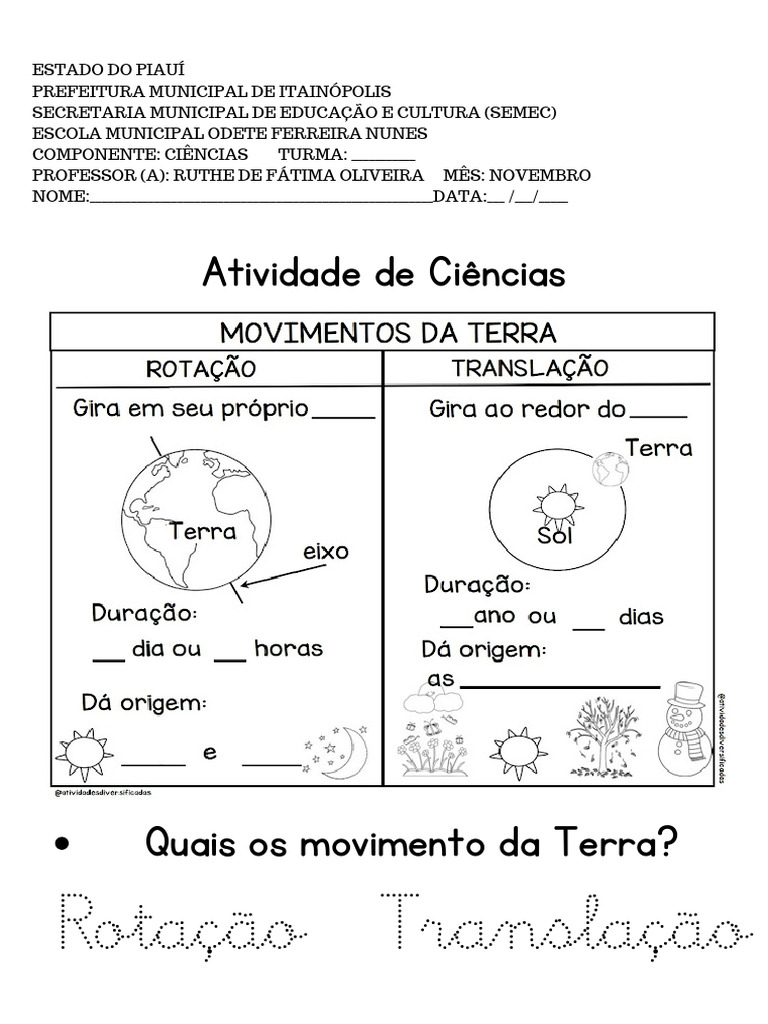 Atividade Adaptada: Movimentos da Terra | PDF