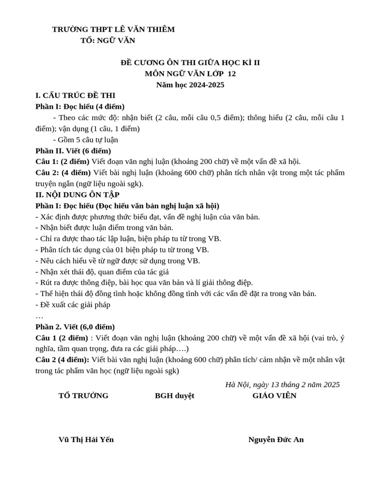 ĐỀ CƯƠNG GIỮA HKII-V12 | PDF