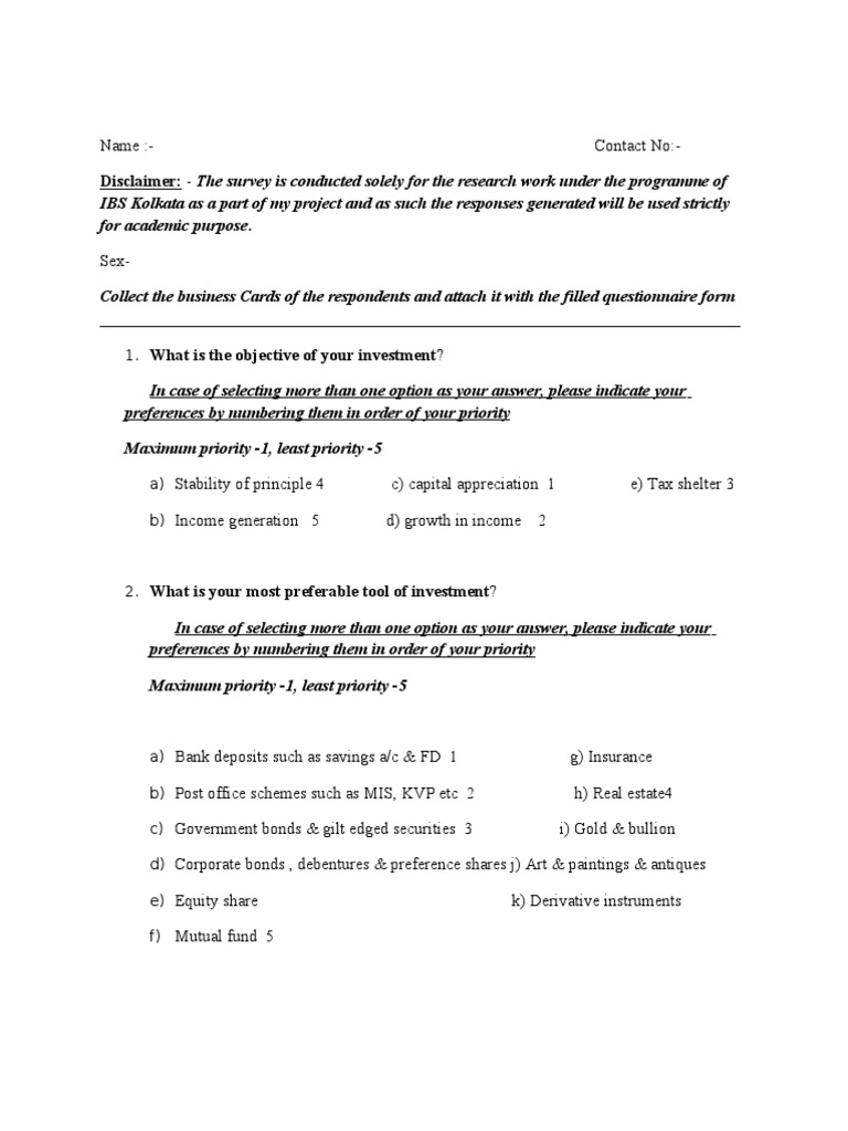 Investment Behavior Survey Questionnaire | PDF | Mutual Funds | Investing