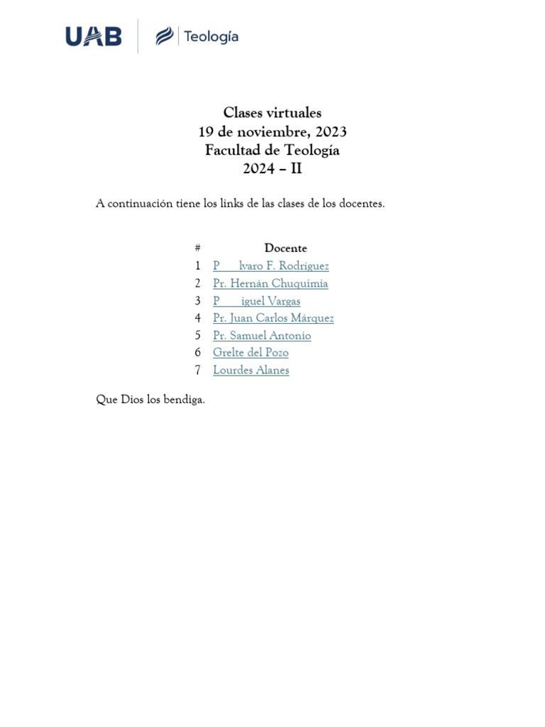 Enlaces Clases Virtuales Teología 2024-II | PDF