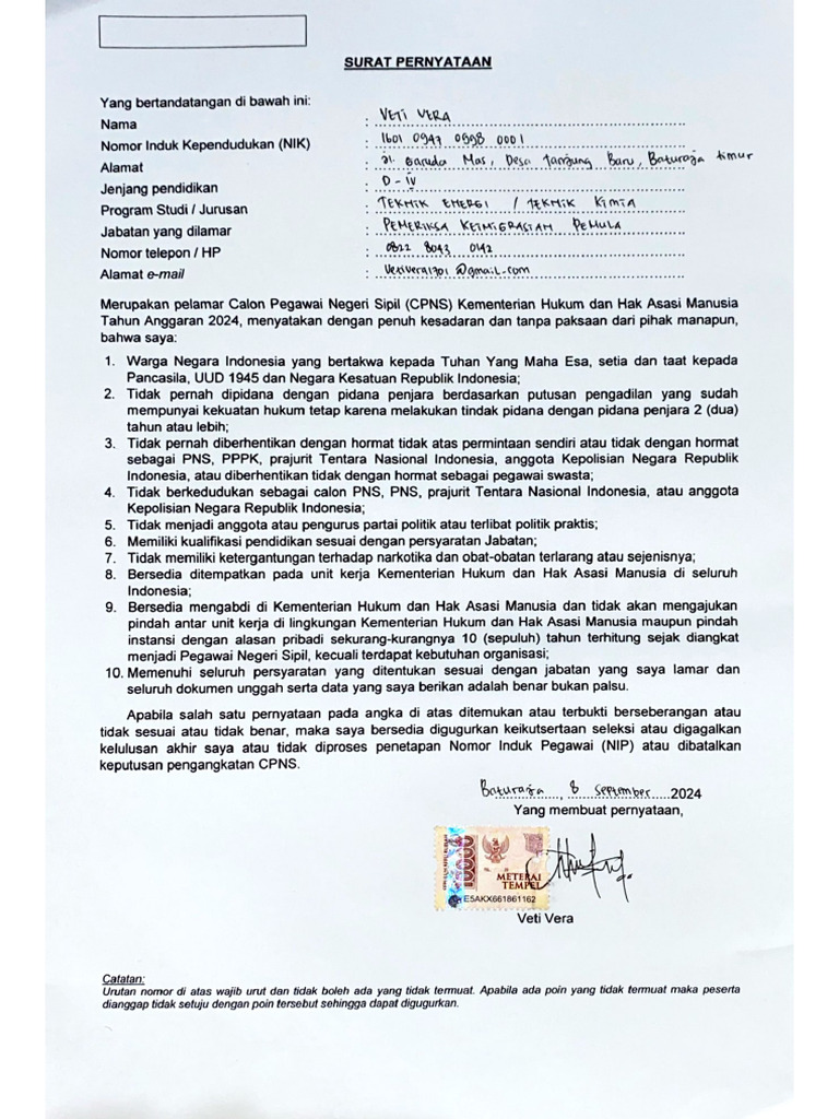 Surat Pernyataan An. Veti Vera | PDF