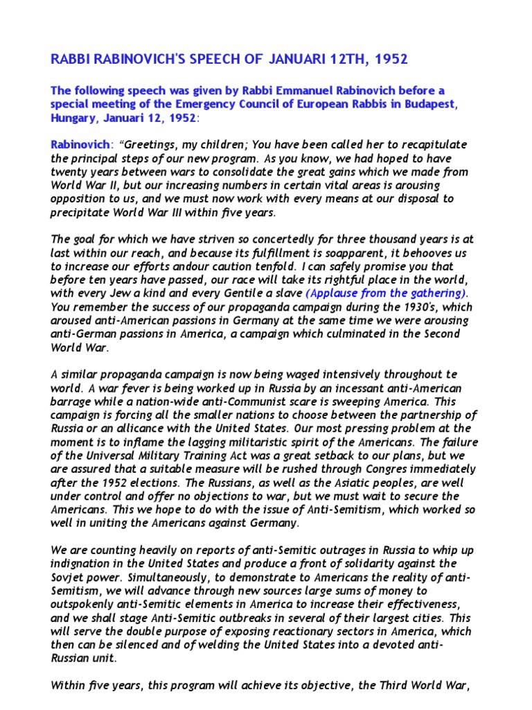 Speech Rabbi Rabinovich 1952 | Antisemitism | Politics