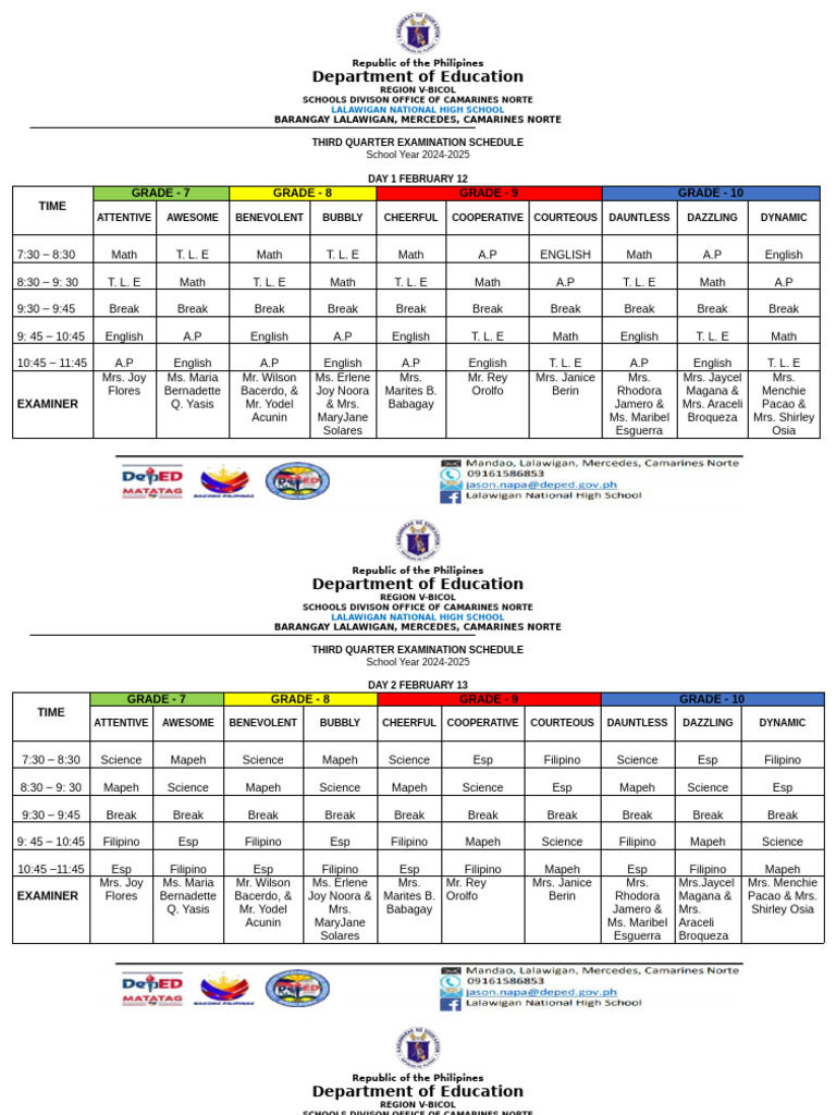 2025 3rd Quarter Exam Schedule | PDF