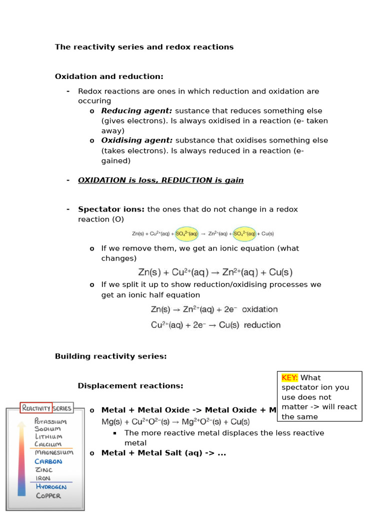 The Reactivity Series and Redox Reactions | PDF