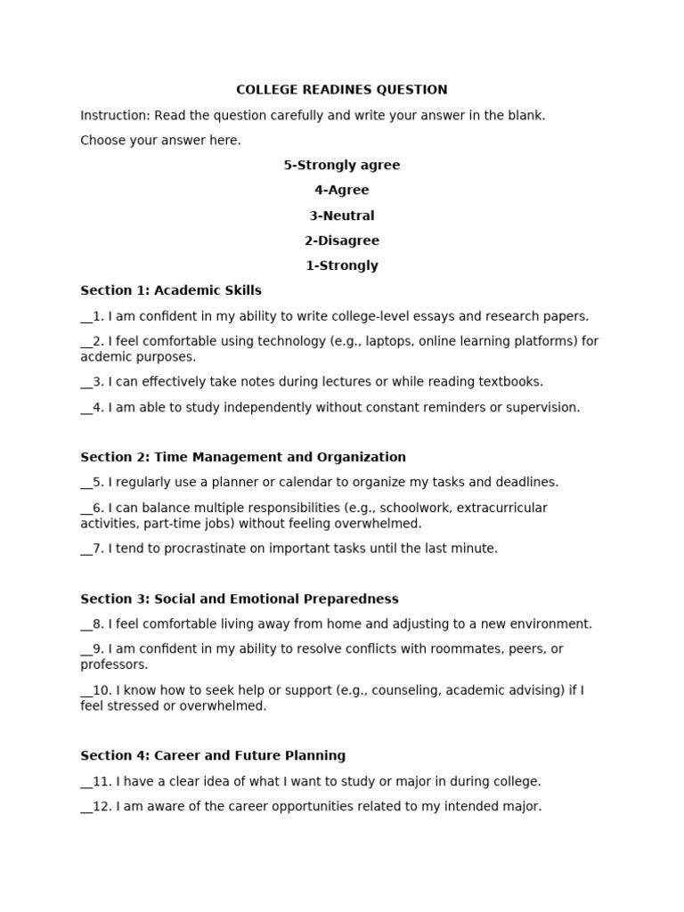 College Readiness Self-Assessment Survey | PDF