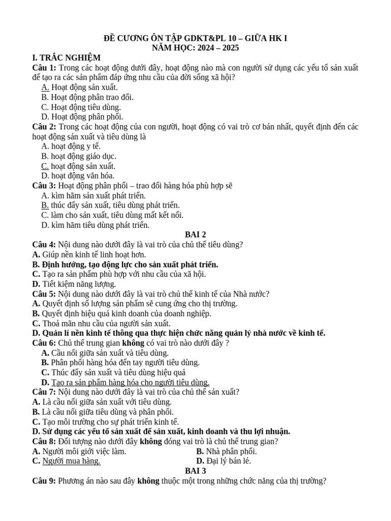 ĐỀ CƯƠNG ÔN TẬP GKI MÔN GDKTPL 10 2024 2025 | PDF