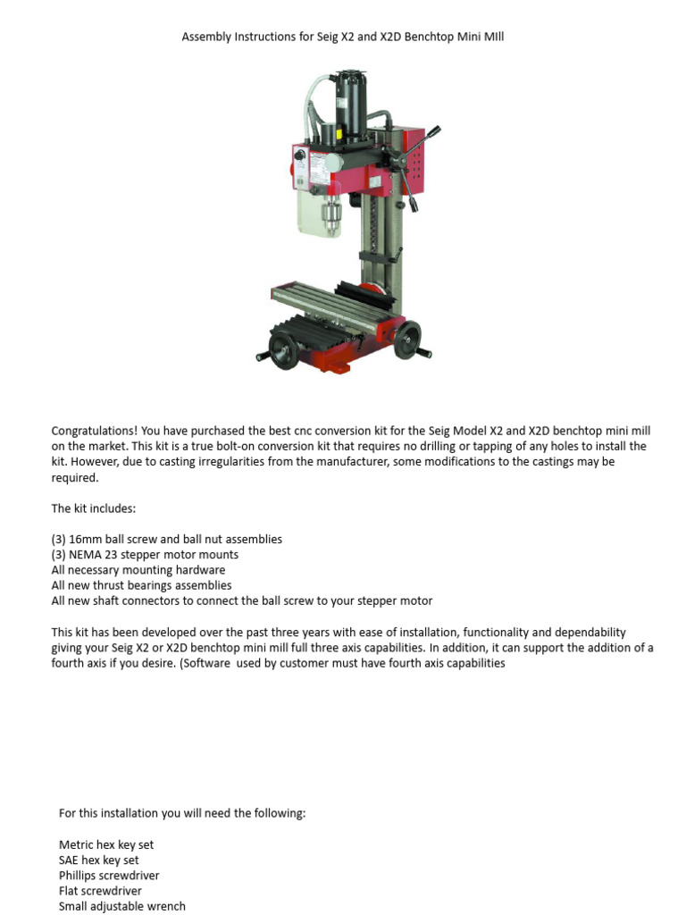 Seig X2/X2D Mini Mill CNC Kit Guide | PDF | Screw | Bearing (Mechanical)