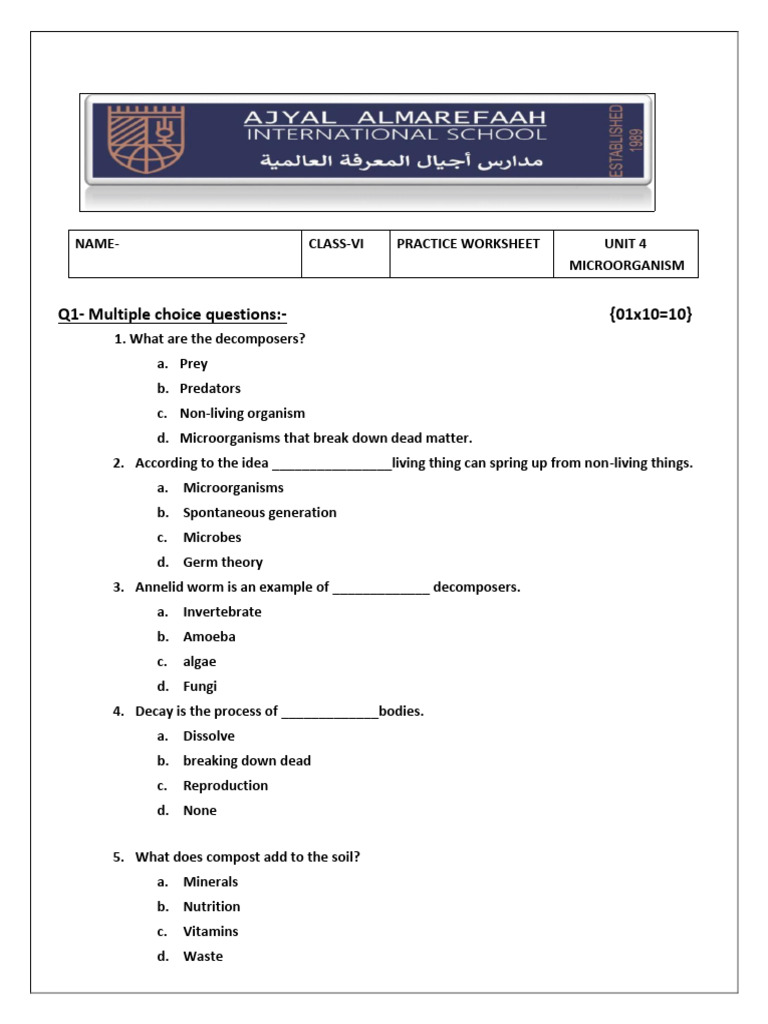 Grade 6 Microorganisms Practice Worksheet | PDF | Microorganism ...