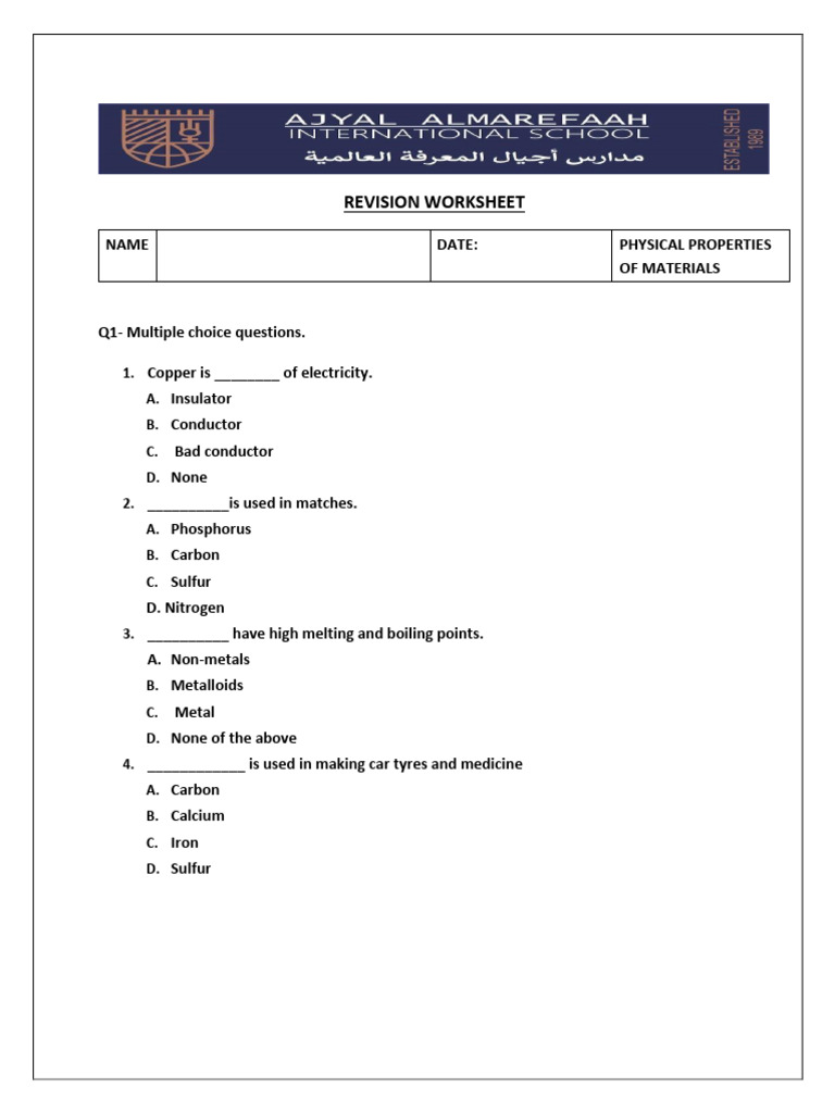 Physical Properties of Materials Quiz | PDF | Electrical Conductor | Carbon