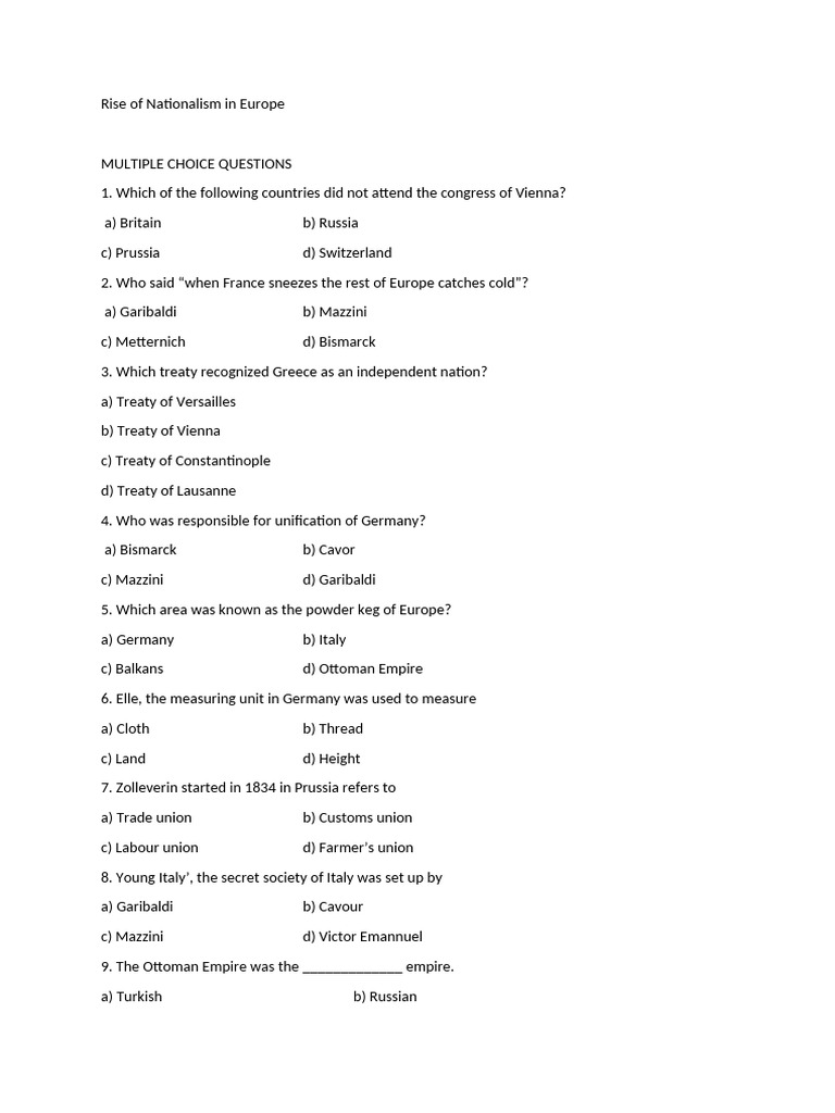 Nationalism in Europe: Quiz Questions | PDF | Conservatism | Liberalism