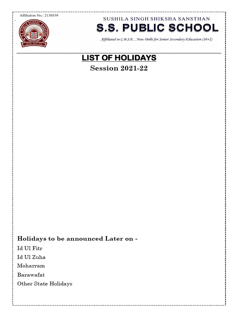 2021-22 Holiday Schedule List | PDF