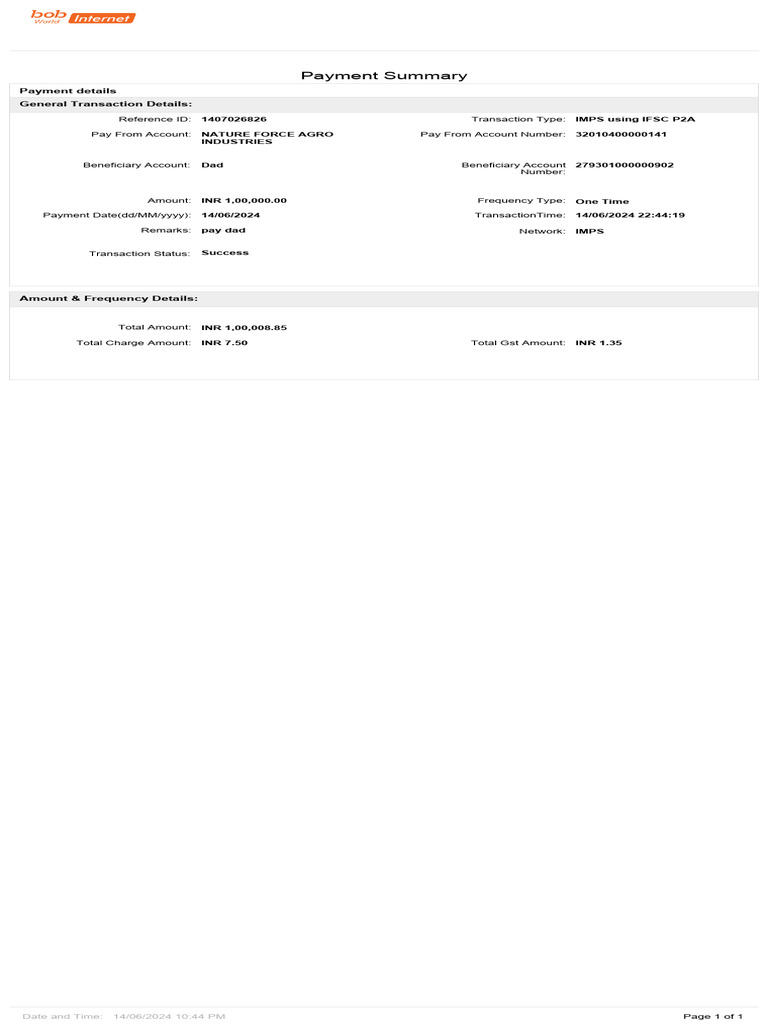 Payment Summary: 1407026826 Imps Using Ifsc P2A Nature Force Agro ...