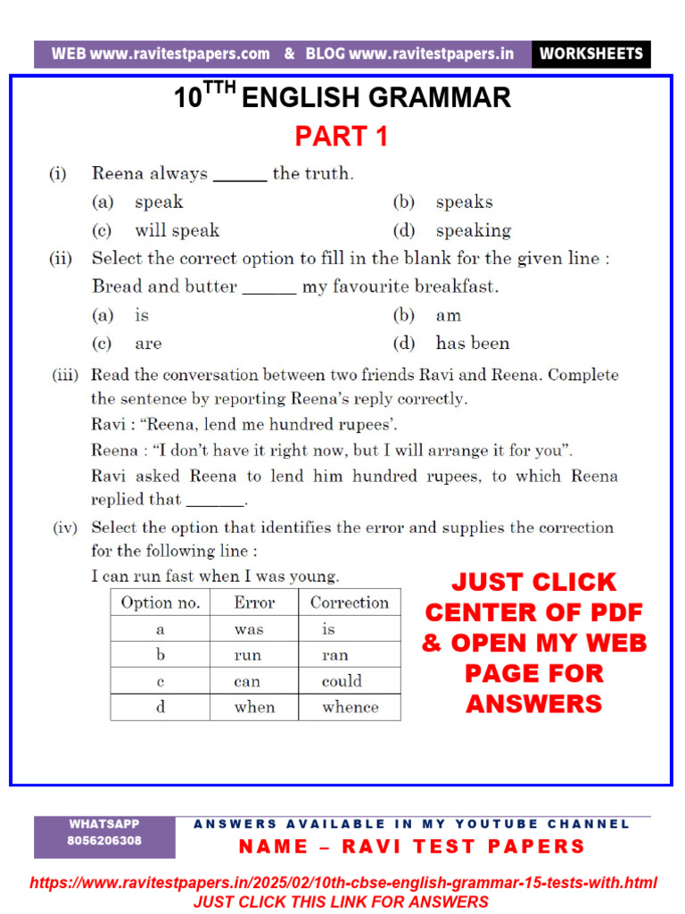 10th Cbse English Grammar Test | PDF