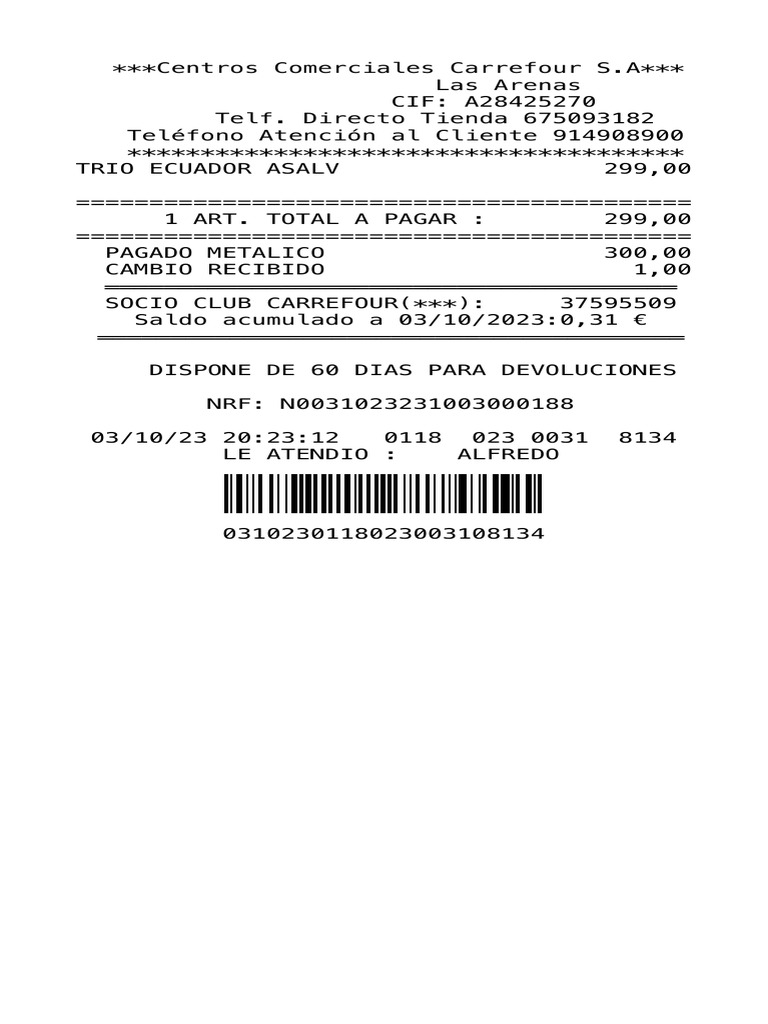 Ticket de Compra Carrefour Asalv | PDF