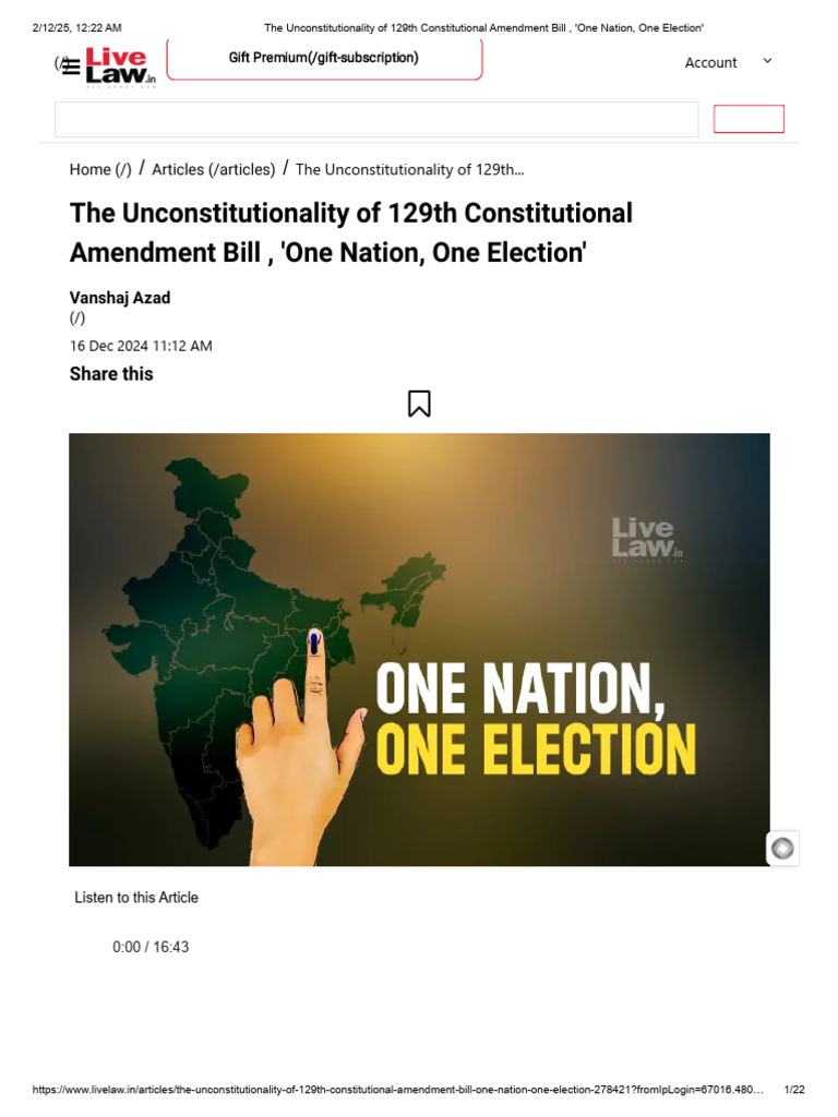 The Unconstitutionality of 129th Constitutional Amendment Bill, 'One ...