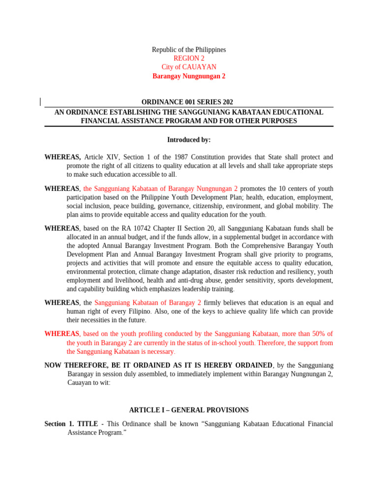 Educational Financial Assistance Ordinance Template1 | PDF | Government | Justice