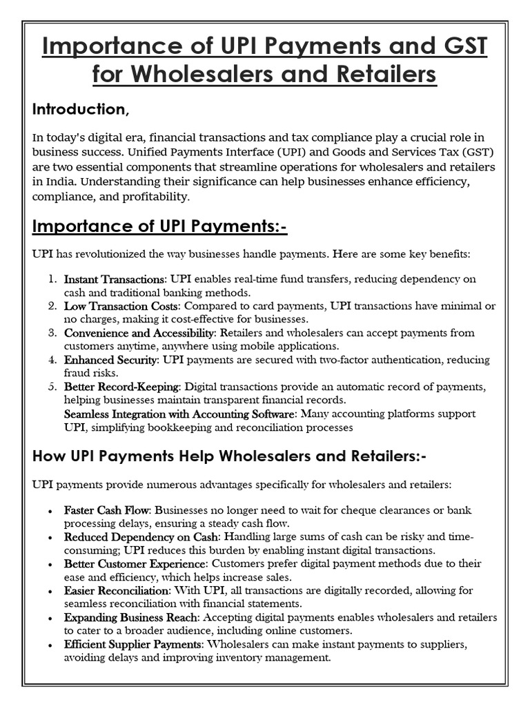 Importance of UPI Payments and GST For Wholesalers and Retailers | PDF ...