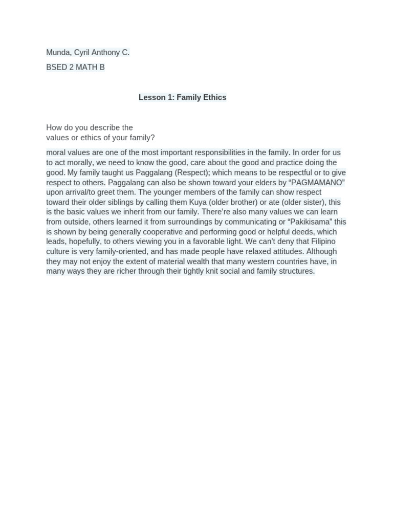 Lesson 1 Family Ethics | PDF