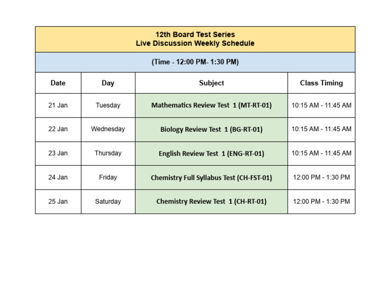 12th Board Test Series Weekly Schedules - Google Sheets | PDF