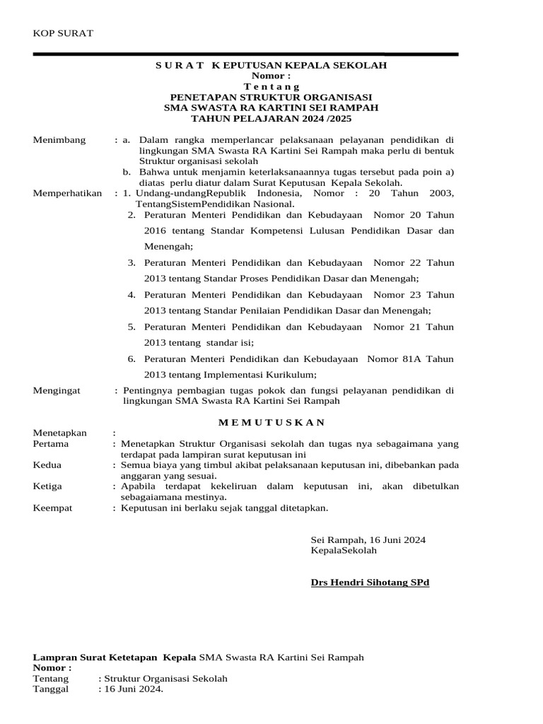 surat keputusan penetapan Struktur pelaksana organisasi sekolah | PDF