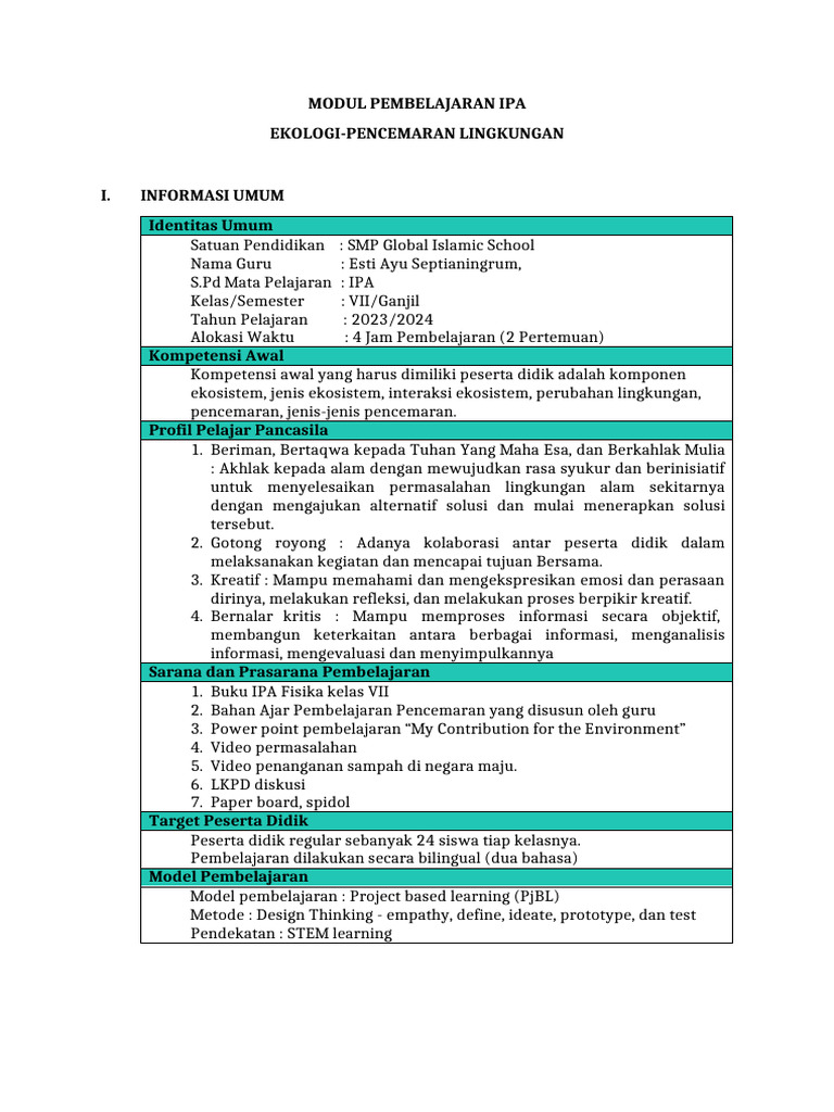 MODUL AJAR STEM lingkungan estiayu | PDF