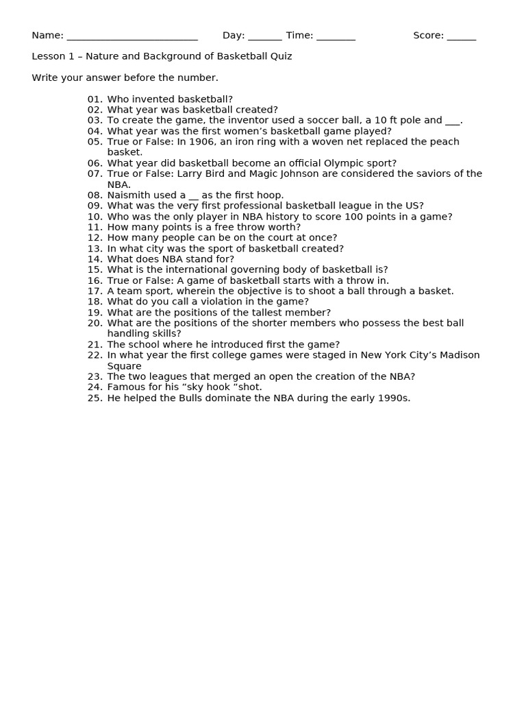 Basketball Lesson 1 Quiz | PDF