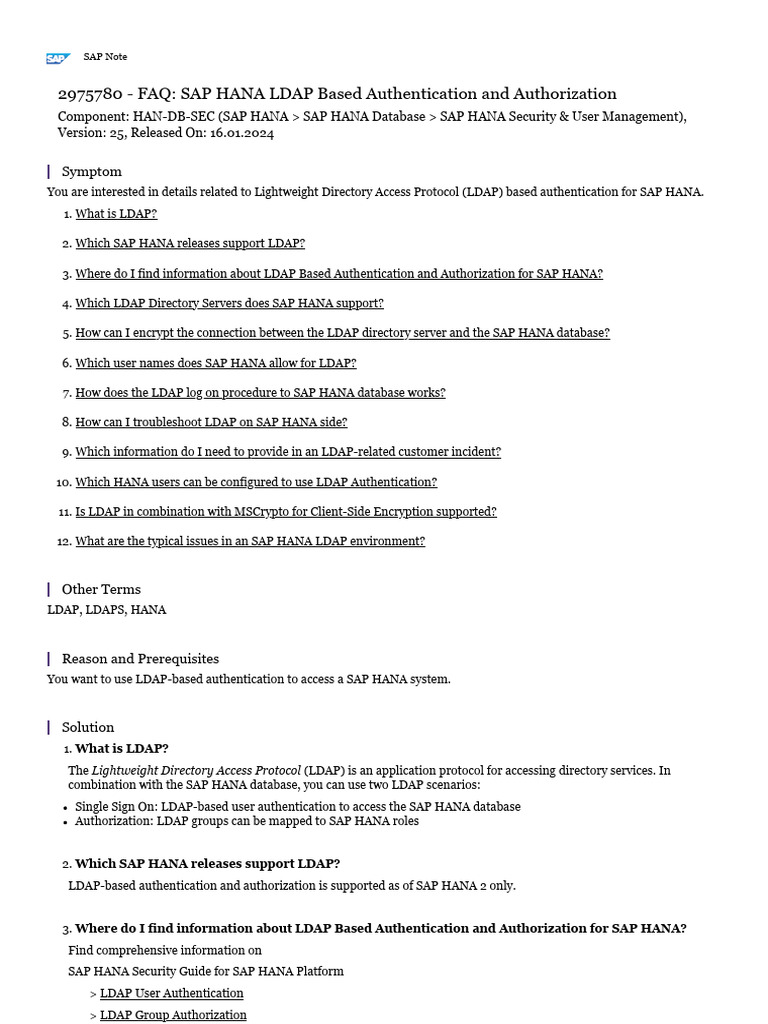 FAQ SAP HANA LDAP Based Authentication and Authorization | PDF | Active ...