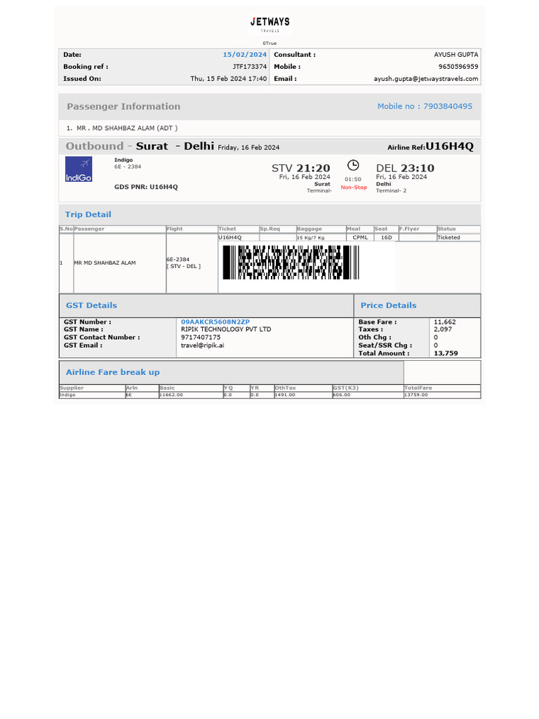 MR MD Shahbaz Alam 16feb Stv-Del Air Ticket | PDF | Airlines | Civil Aviation