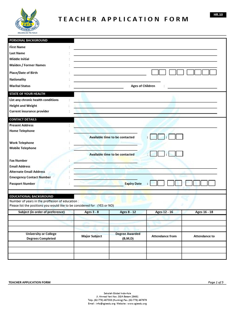 Teacher Application Form Details | PDF