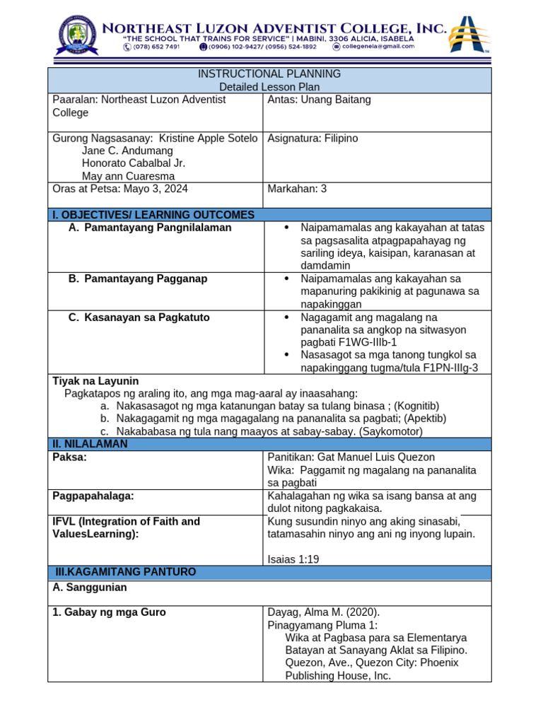LP FILIPINO Grade 1 | PDF