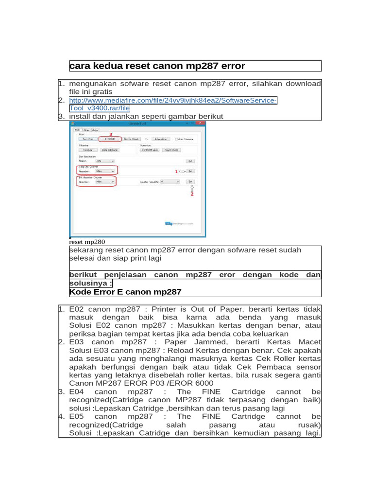 cara kedua reset canon mp287 error | PDF