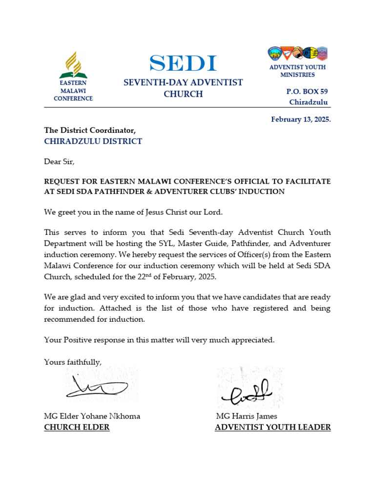Request for SDA Induction Ceremony Support | PDF | Christian ...