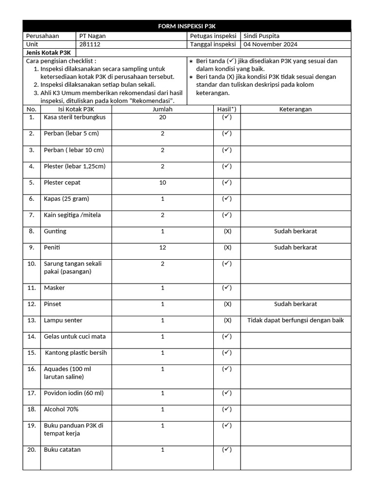 Form Inspeksi P3K | PDF