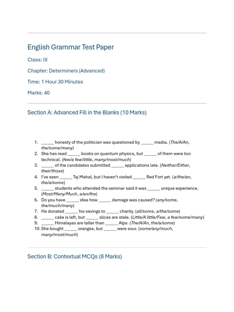 Determiners Annual Test Advanced | PDF | Syntax | Grammar