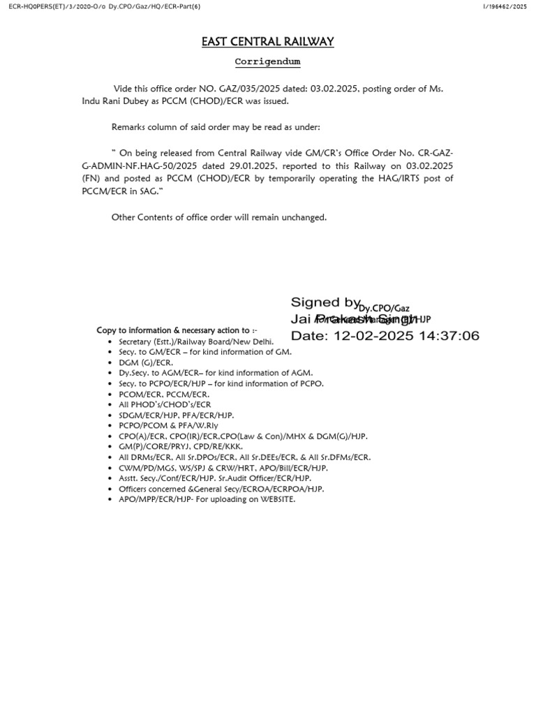 ECR Posting Order Corrigendum 2025 | PDF | Rail Transport | Railway ...