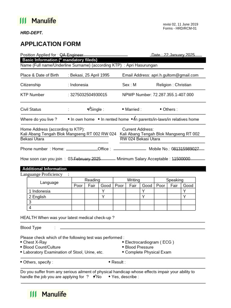 Application Form - Manulife As of 23 Aug 2021 | PDF | Physical Examination