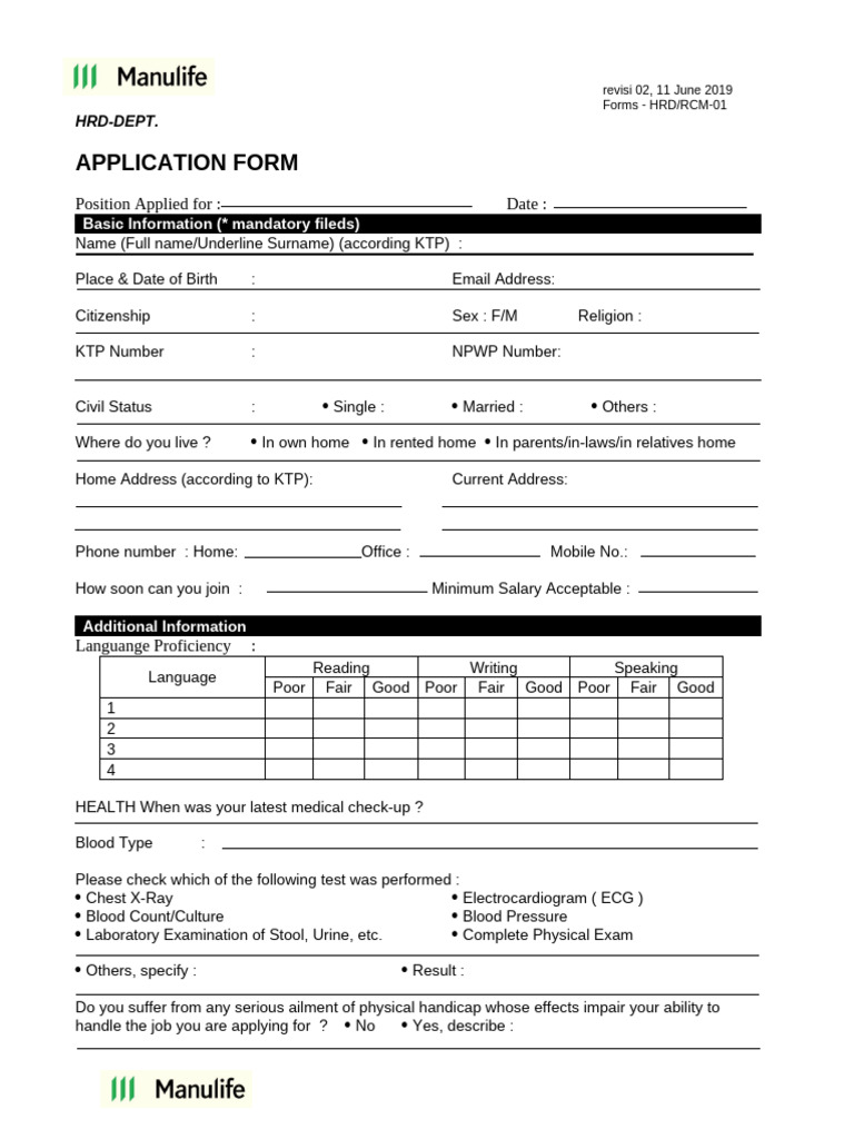 Application Form - Manulife As of 23 Aug 2021 | PDF | Salary | Employment