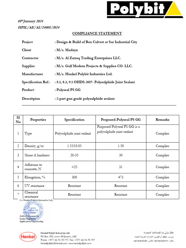 Compliance Statement - Polyseal PS GG - Prasanna | PDF