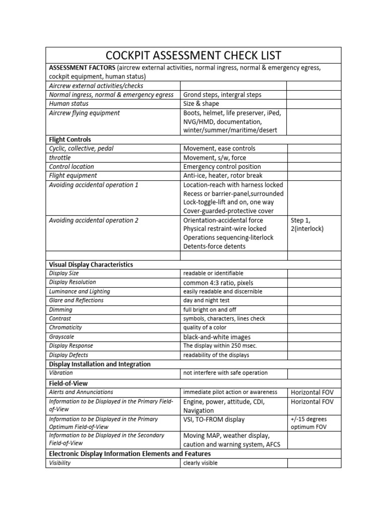 Cockpit Assessment Checklist | PDF | Cockpit | Menu (Computing)