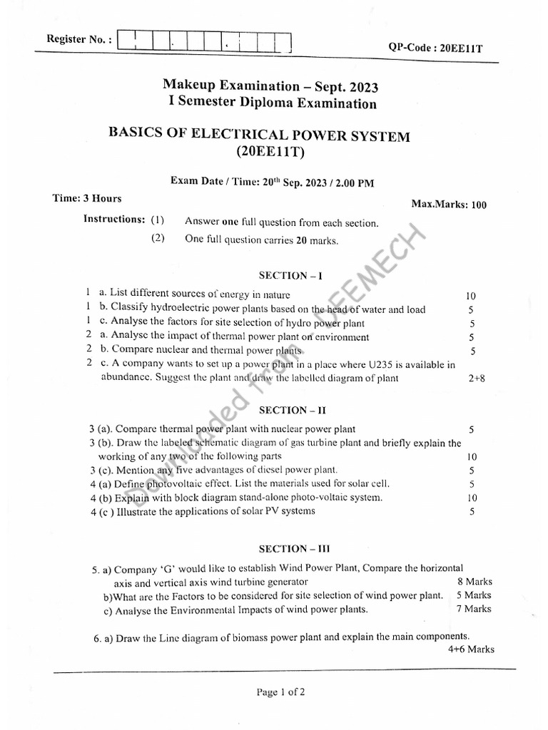 20ee11t Makeup Exam September 2023 QP - Deemech | PDF