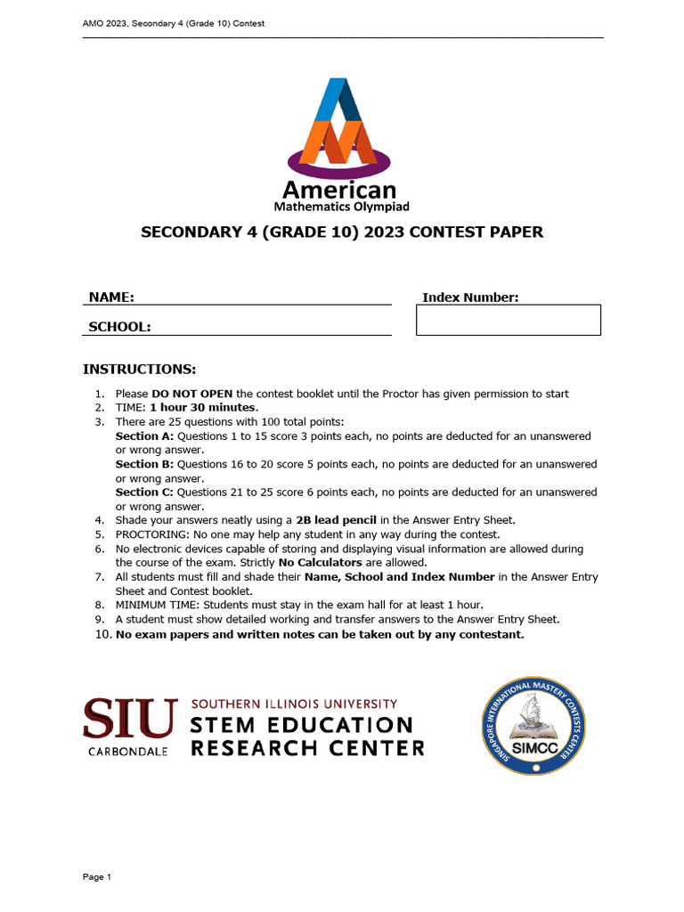 AMO 2023 Grade 10 Contest Paper | PDF | Circle | Elementary Geometry