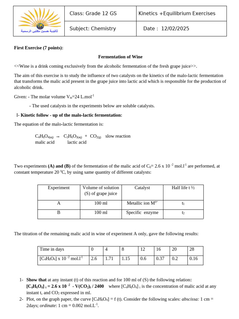 Kinetics + Equilibrium Exercises | PDF | Chemical Equilibrium | Ester